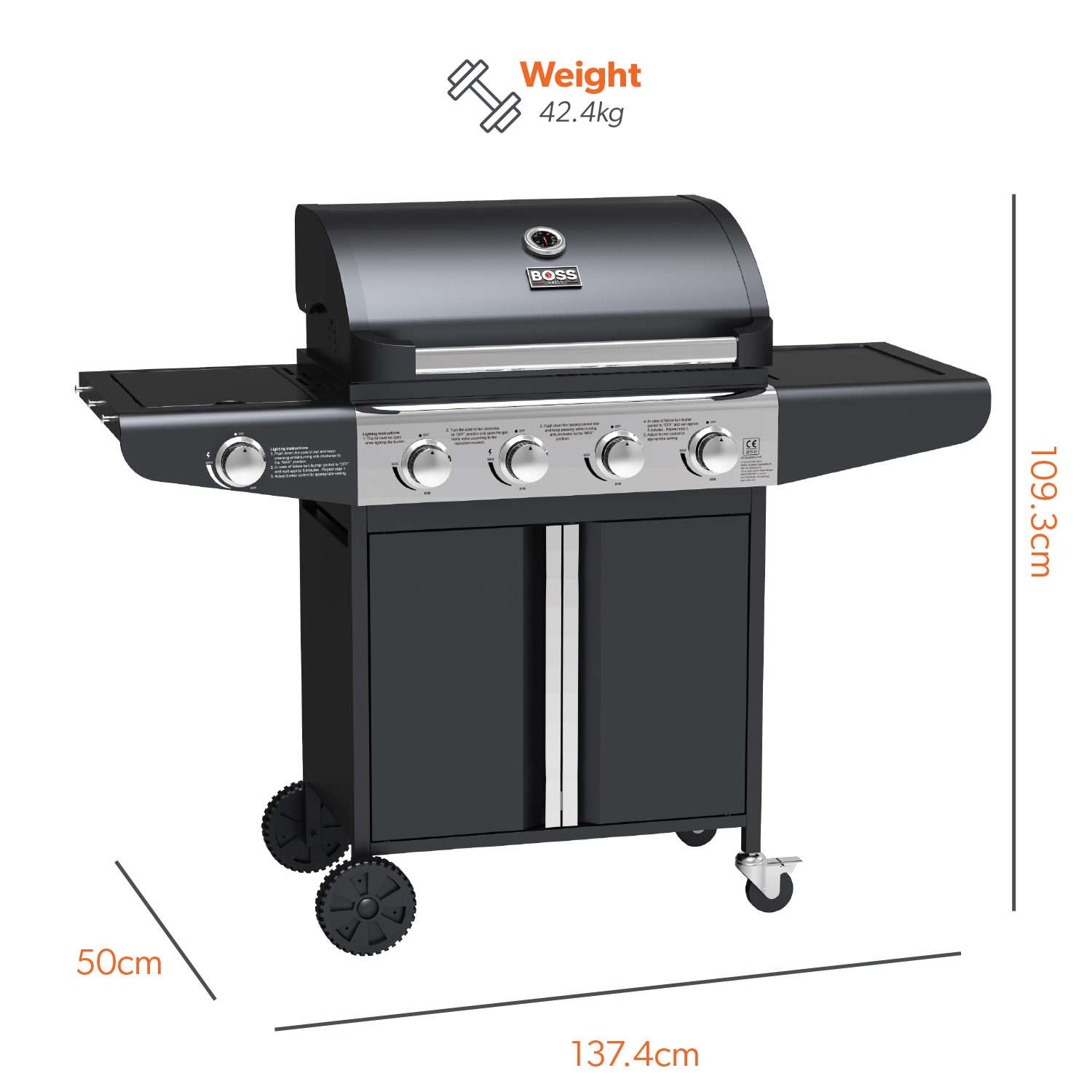 Boss Grill Kentucky Premium - 4 Burner Gas BBQ Grill with Side Burner ...