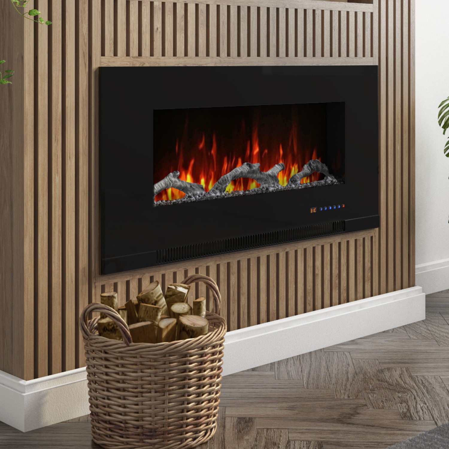 Black Wall Mounted or Recessed Electric Fire with Log and Crystal Fuel ...