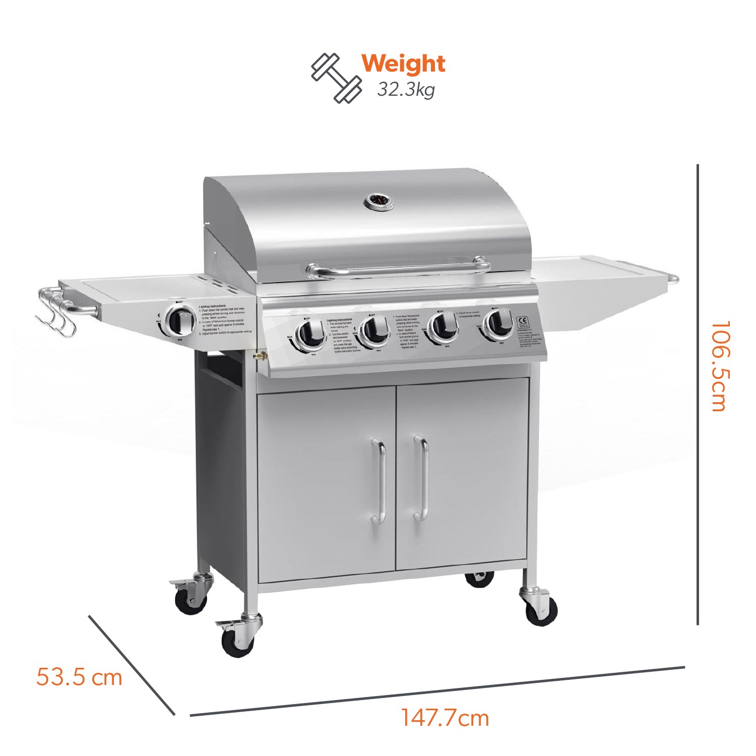 Boss Grill Georgia Classic - 4 Burner Gas BBQ Grill with Side Burner ...