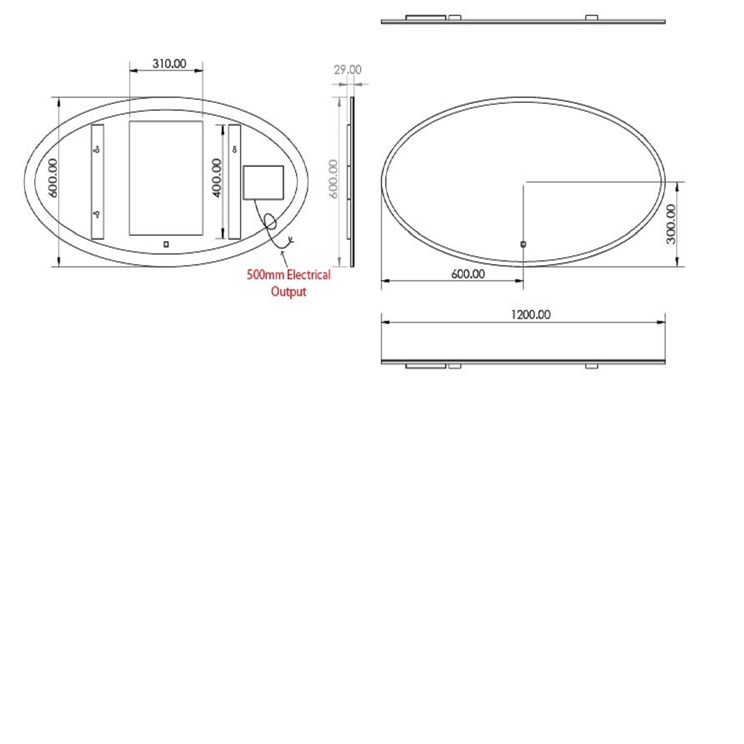 Oval LED Bathroom Mirror with Demister 600 x 1200mm- HiB Arena 120 ...