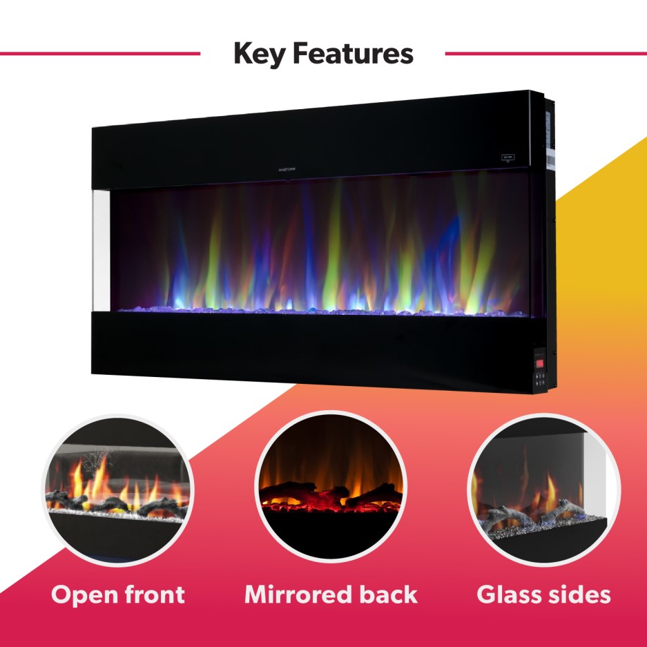 AmberGlo Mirrored Electric Wall Mounted Fire in Black - 50 Inch AGL016 ...