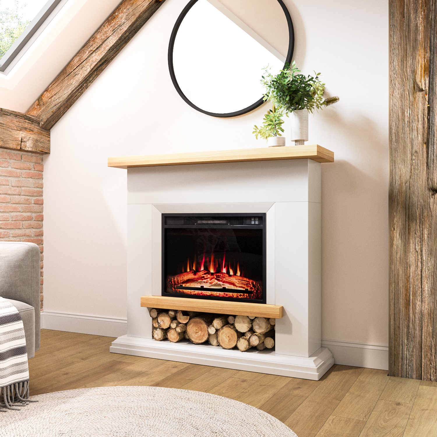 White & Oak Effect Freestanding Electric Fire Suite with Log Storage ...