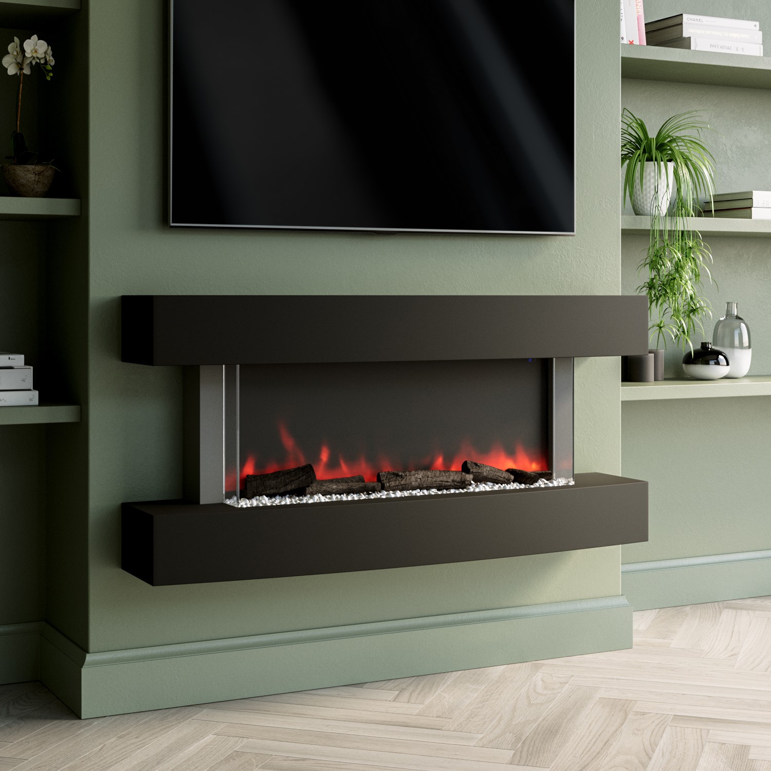 Matt Black Wall Mounted Curved Electric Fire 47 Inch - Amberglo AGL053 ...