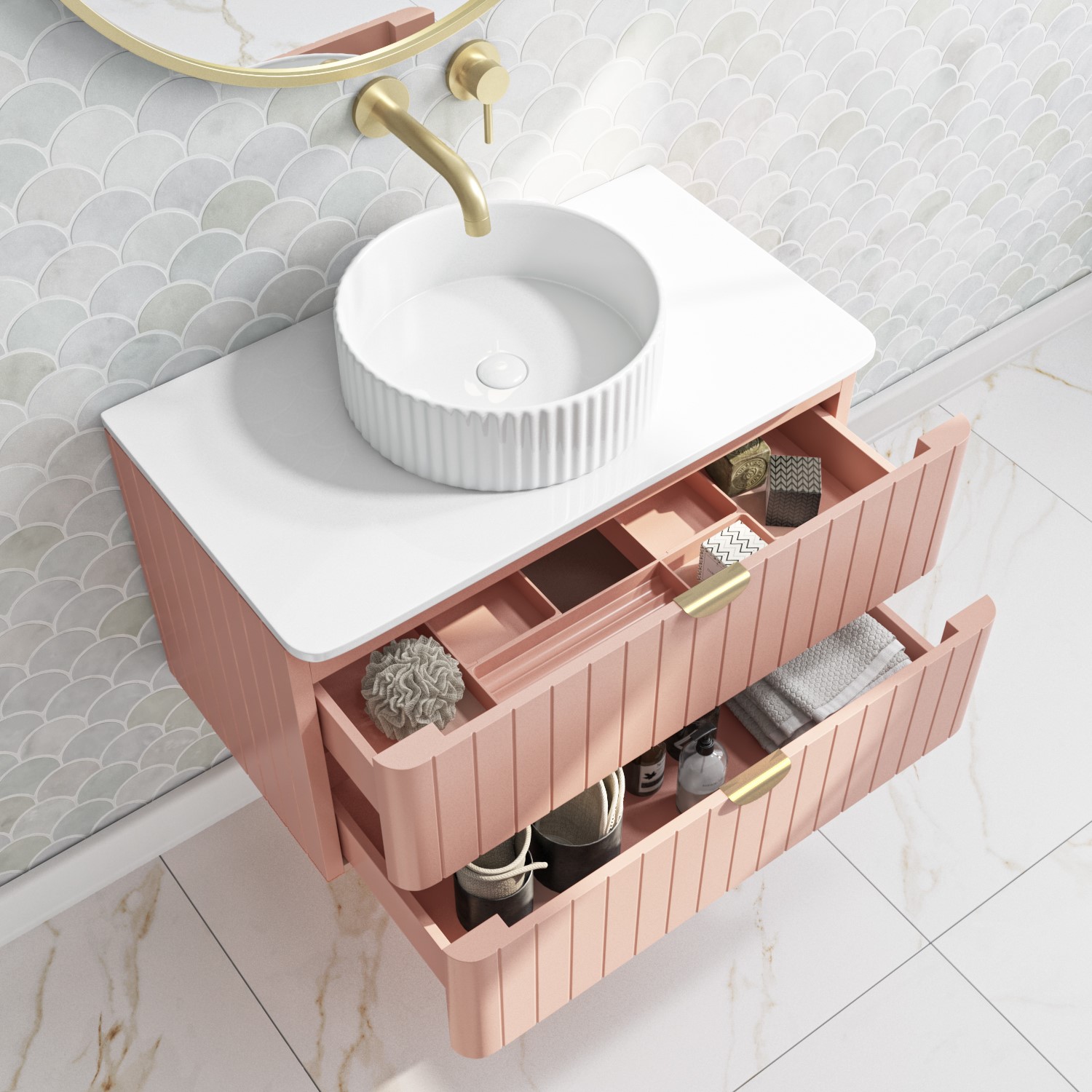 800mm Pink Wall Hung Countertop Vanity Unit with Basin and Brass ...