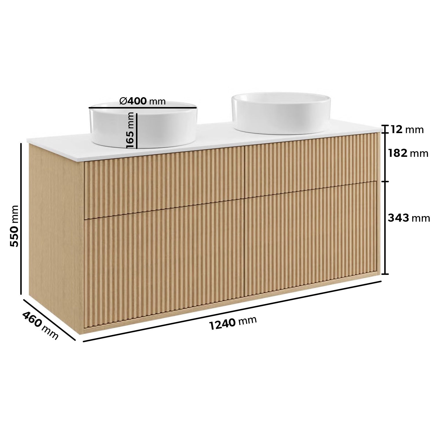 1250mm Wooden Fluted Wall Hung Double Countertop Vanity Unit with Round ...