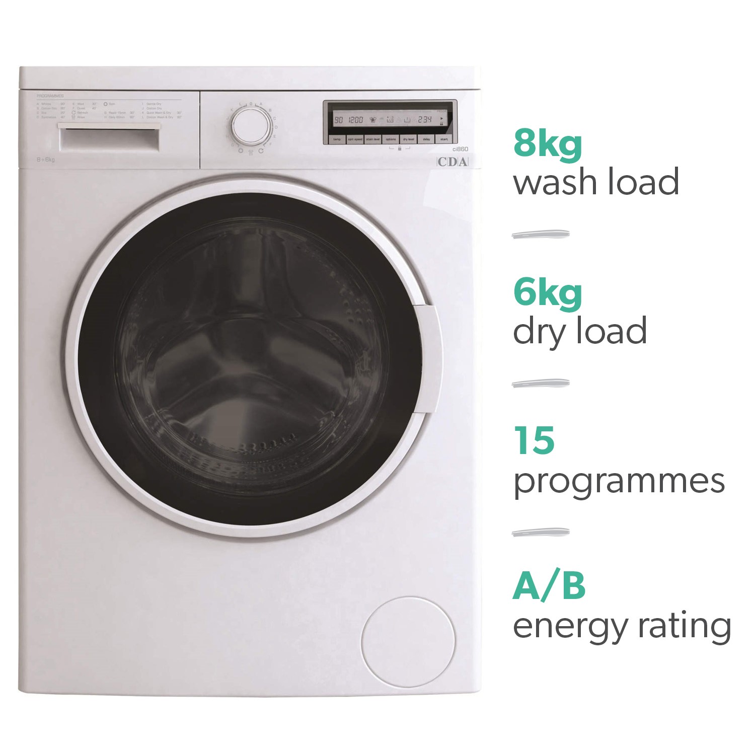 CDA CI860WH 8kg Wash 6kg Dry 1400rpm Freestanding Washer Dryer - White ...