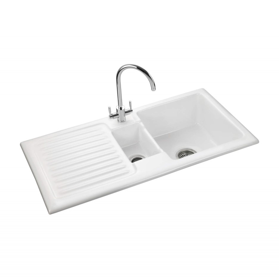 Rangemaster Rustique 1.5 Bowl Left Hand Drainer Ceramic Sink White ...