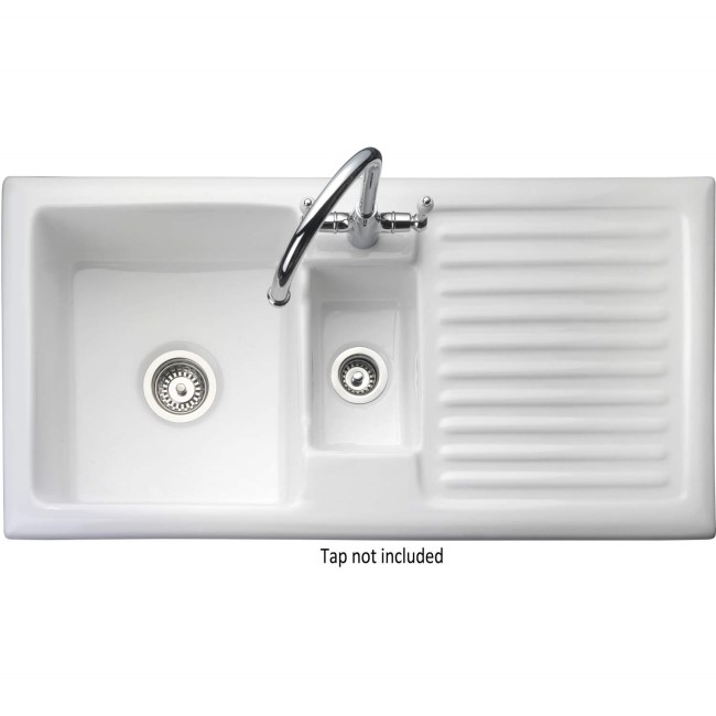 Rangemaster Rustique 1.5 Bowl Right Hand Drainer Ceramic Sink White ...