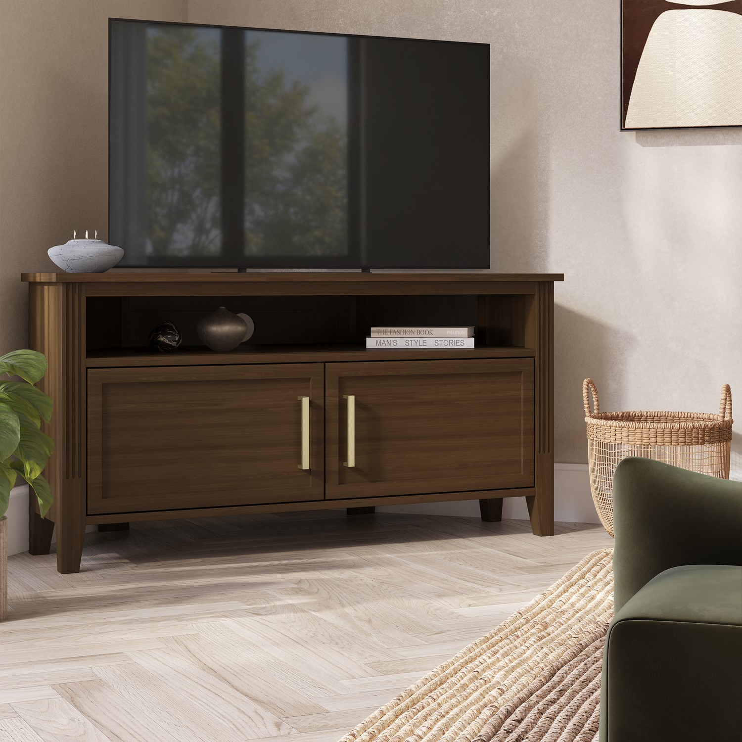 Corner Walnut TV Stand with Storage - TV's up to 43" - Delilah DLH023 ...