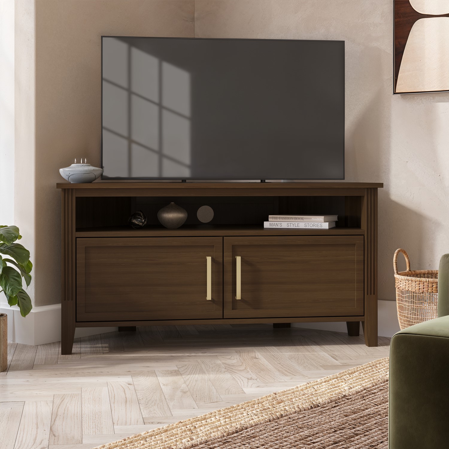 Corner Walnut TV Stand with Storage - TV's up to 43" - Delilah DLH023 ...