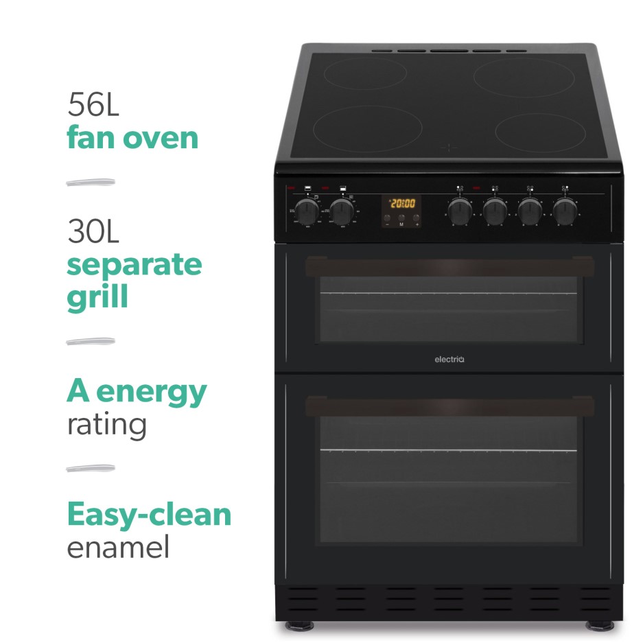 electriQ 60cm Double Cavity Electric Cooker with Ceramic Hob - Black ...