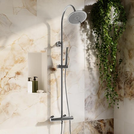 Chrome Thermostatic Mixer Shower Set with Rainfall-Style Curved Arm ...