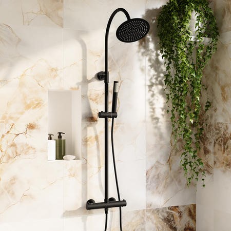 Black Thermostatic Mixer Shower Set with Rainfall-Style Curved Arm Hand ...
