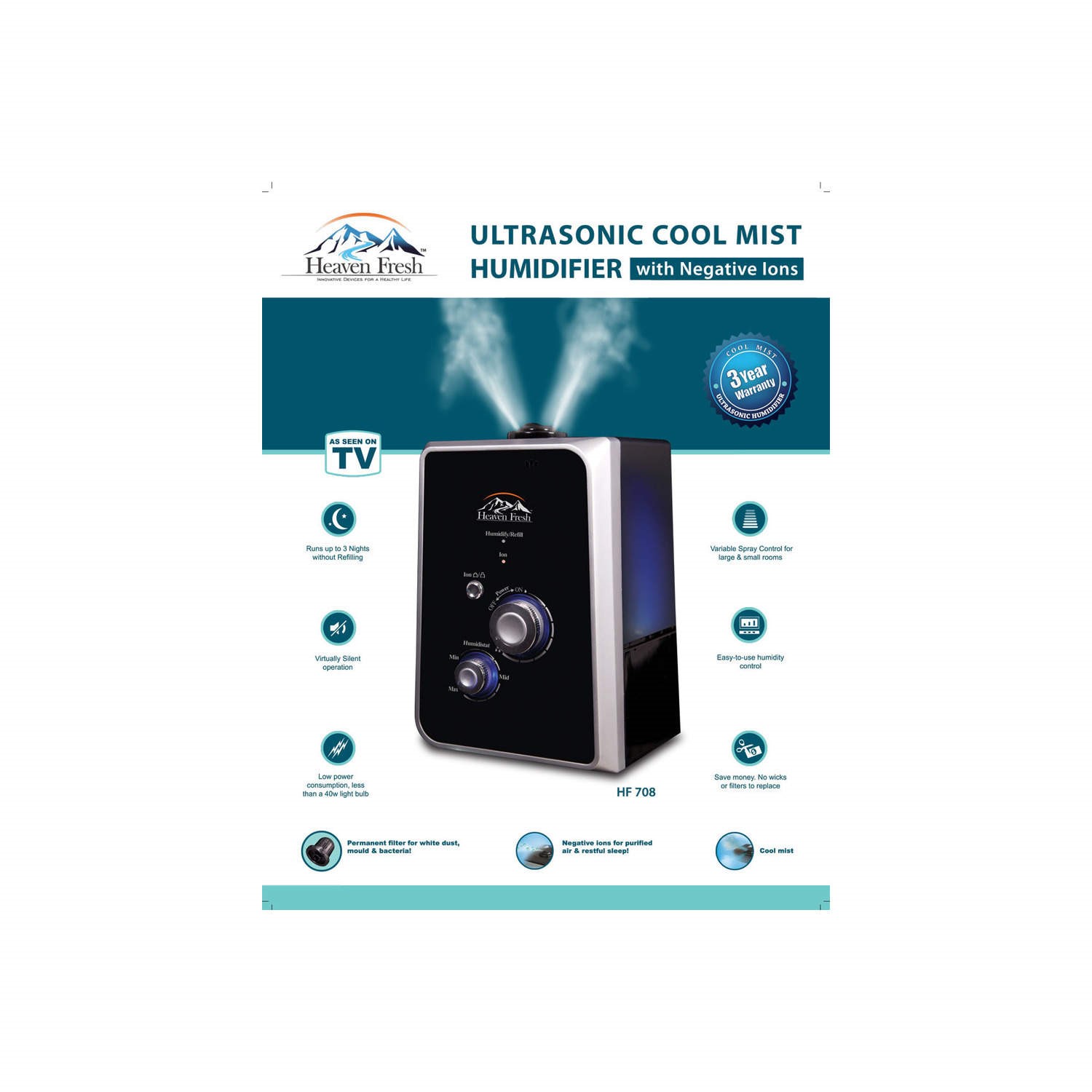 HeavenFresh HF708 Black Ultrasonic Cool Mist Humidifier | Appliances Direct