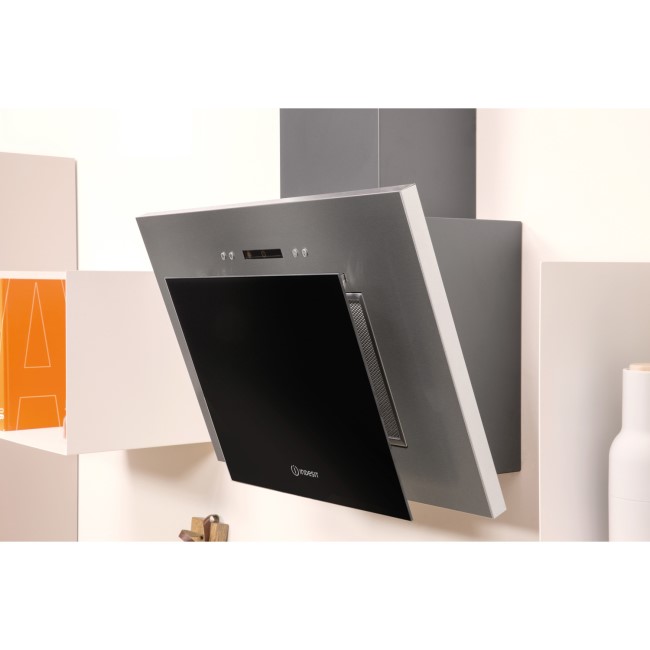 Indesit Aria 60cm Angled Chimney Cooker Hood - Stainless Steel and Black Glass IHVP64LLK ...
