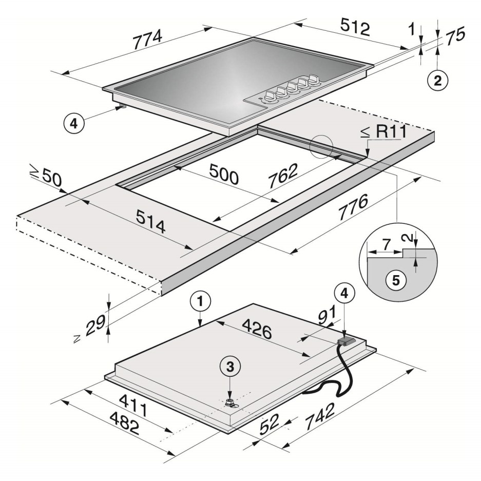 Miele KM2335 KM 2335 77cm Wide Flush Fit 5 Burner Gas Hob - Stainless ...