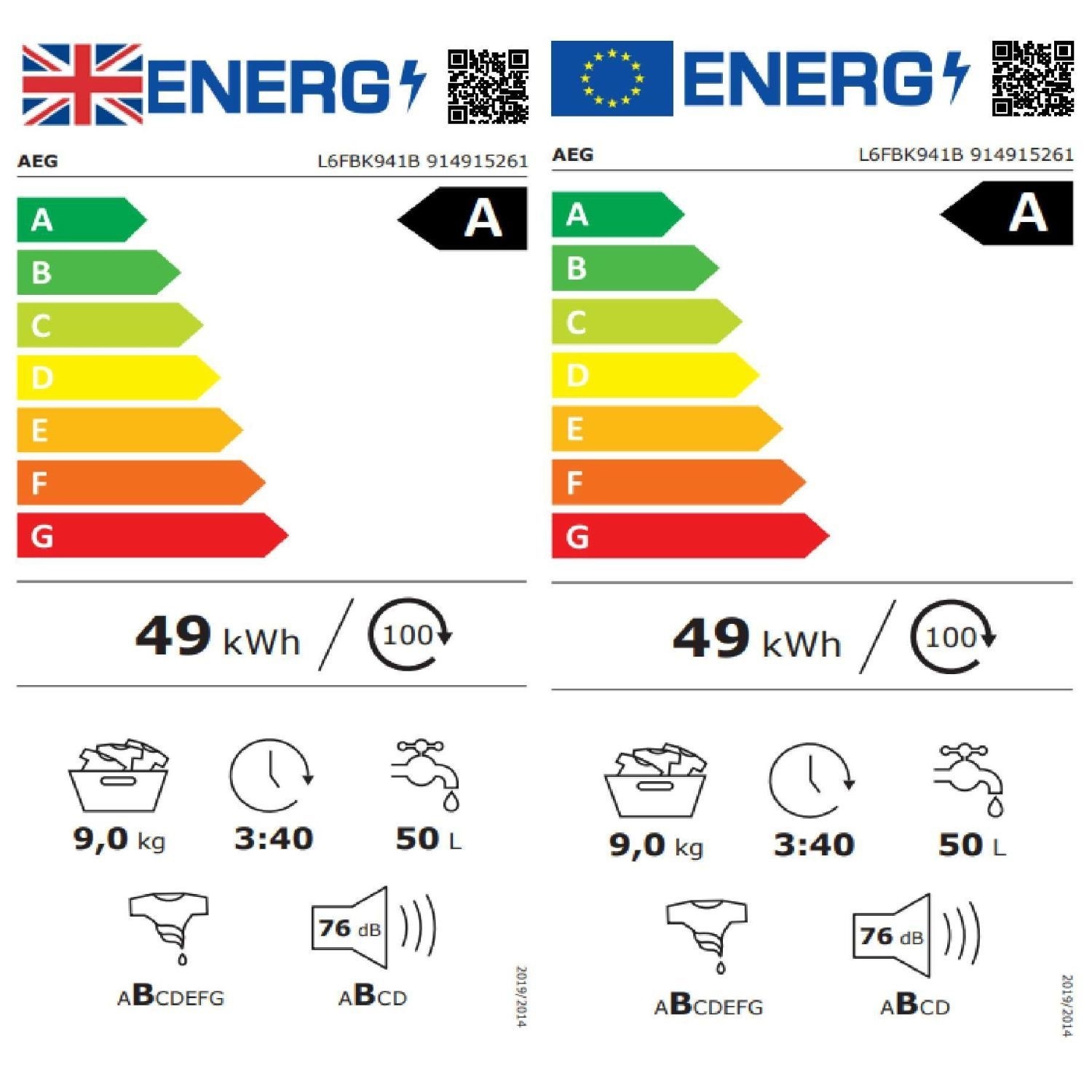 AEG 6000 Series ProSense® 9kg 1400rpm Washing Machine - White L6FBK941B ...