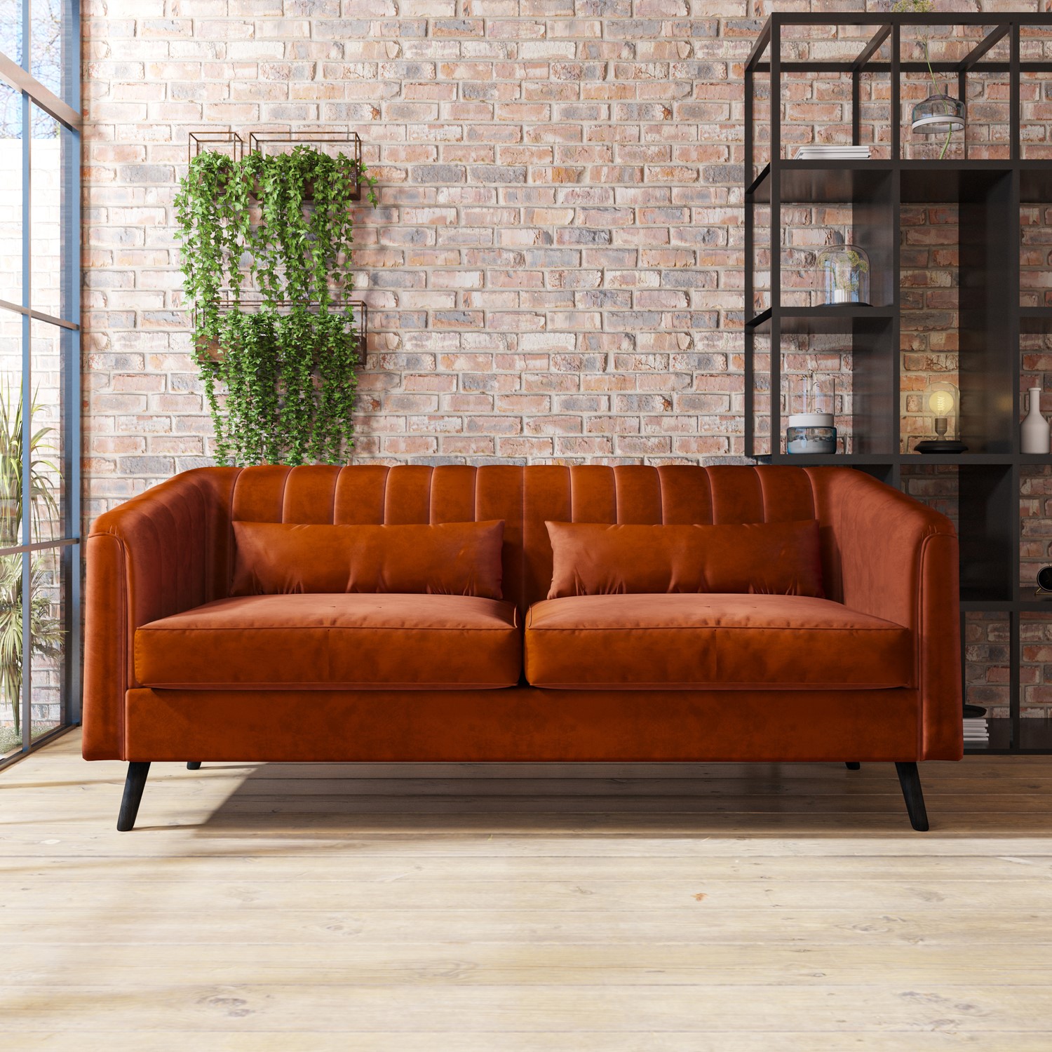 Orange Velvet 3 Seater Sofa with Cushions - Mid Century Style - Lotti Orange Velvet 3 Seater Sofa with Cushions - Mid Century Style - Lotti