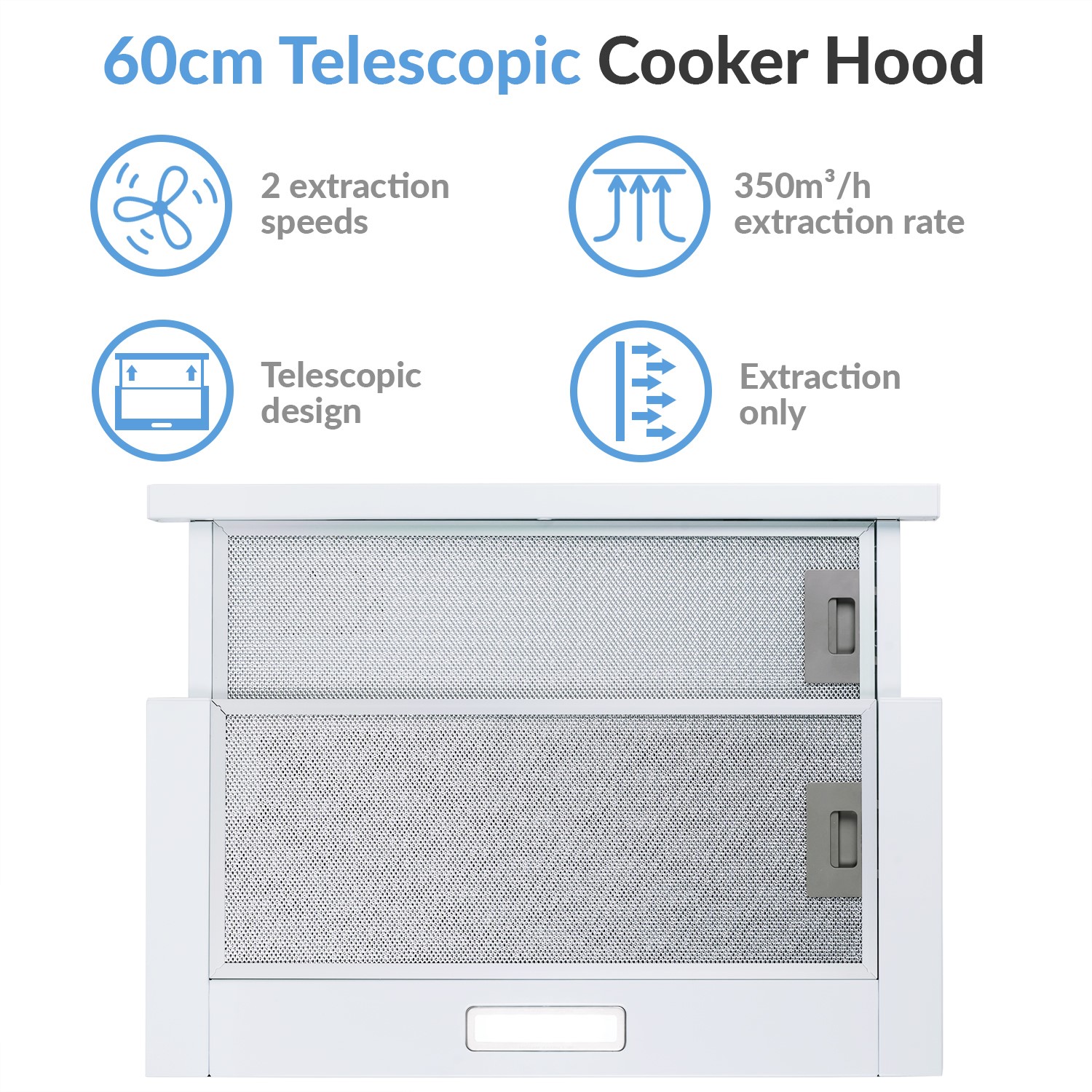 electriQ 60cm Telescopic Canopy Cooker Hood with LED lights - White ...
